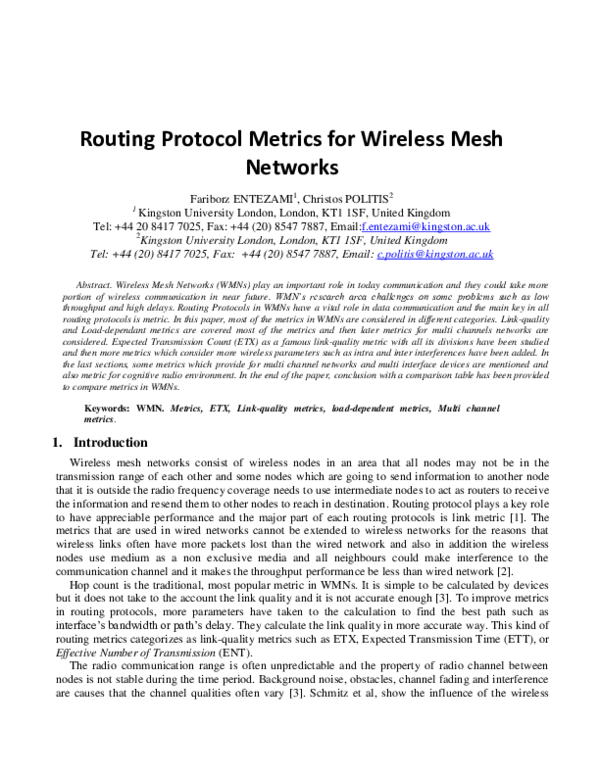 (PDF) Routing protocol metrics for wireless mesh networks (PDF) Routing protocol metrics for wireless mesh networks