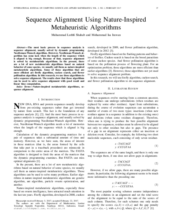 Pdf Sequence Alignment Using Nature Inspired Metaheuristic Algorithms