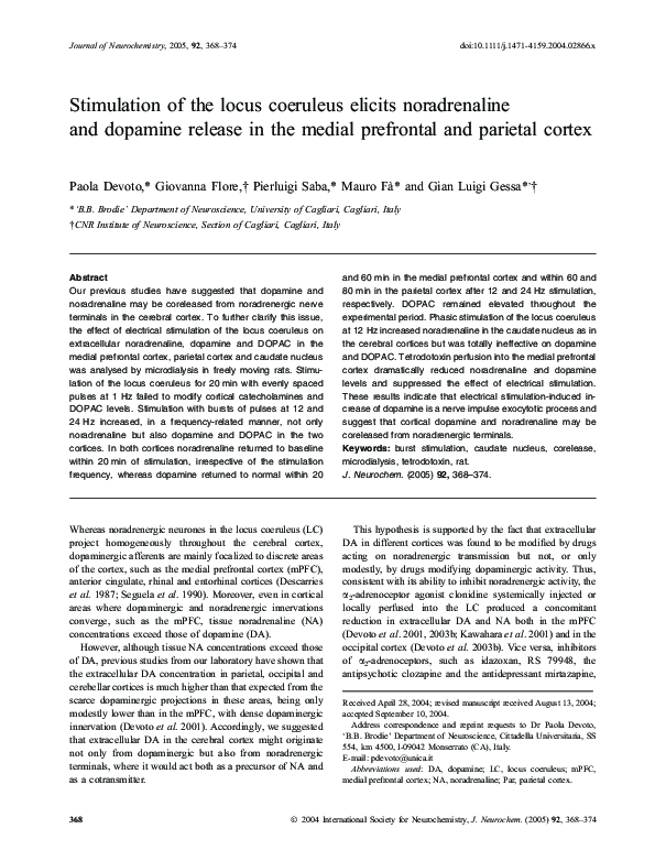 (PDF) Stimulation of the locus coeruleus elicits noradrenaline and dopamine release in the ...