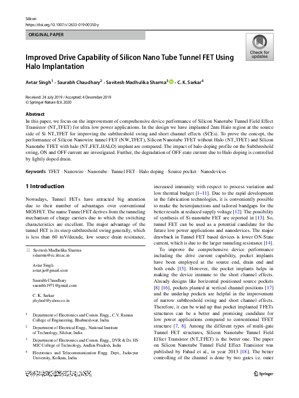 (PDF) Improved Drive Capability of Silicon Nano Tube Tunnel FET Using Halo Implantation