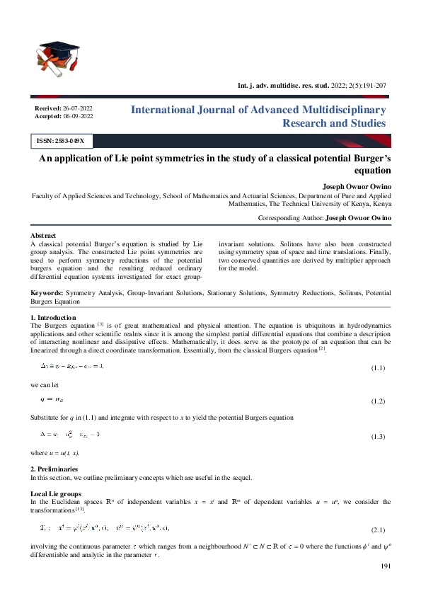 (PDF) An application of Lie point symmetries in the study of a classical potential Burger's equation