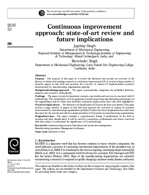 Pdf Continuous Improvement Approach State‐of‐art Review And Future Implications