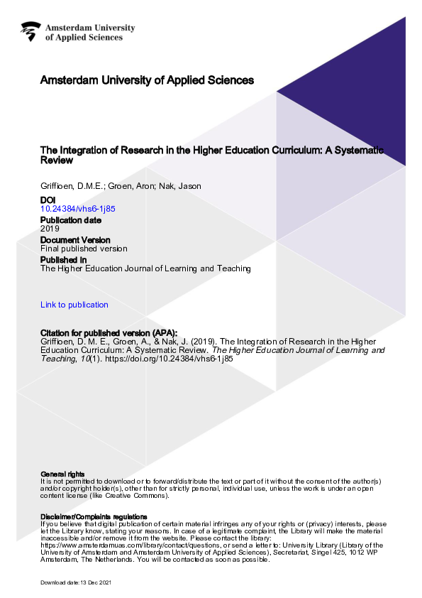 (PDF) The Integration of Research in the Higher Education Curriculum: A ...