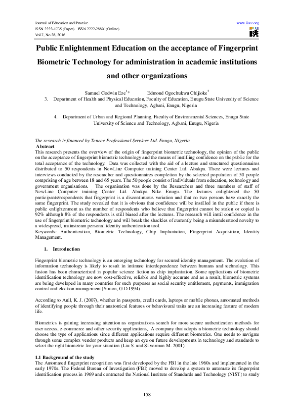 (PDF) Public Enlightenment Education on the Acceptance of Fingerprint Biometric Technology for ...