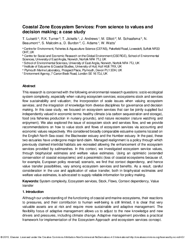(PDF) Coastal Zone Ecosystem Services: From science to values and ...