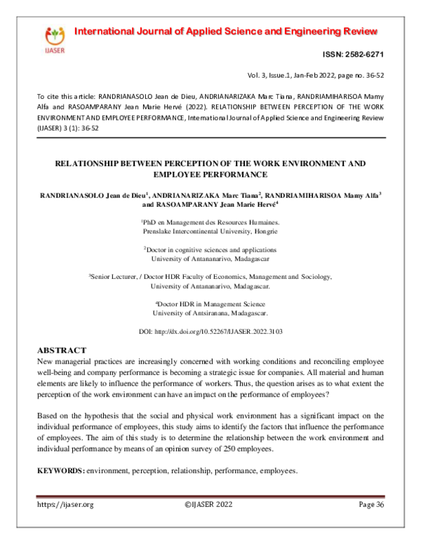 (PDF) Relationship Between Perception of the Work Environment and Employee Performance