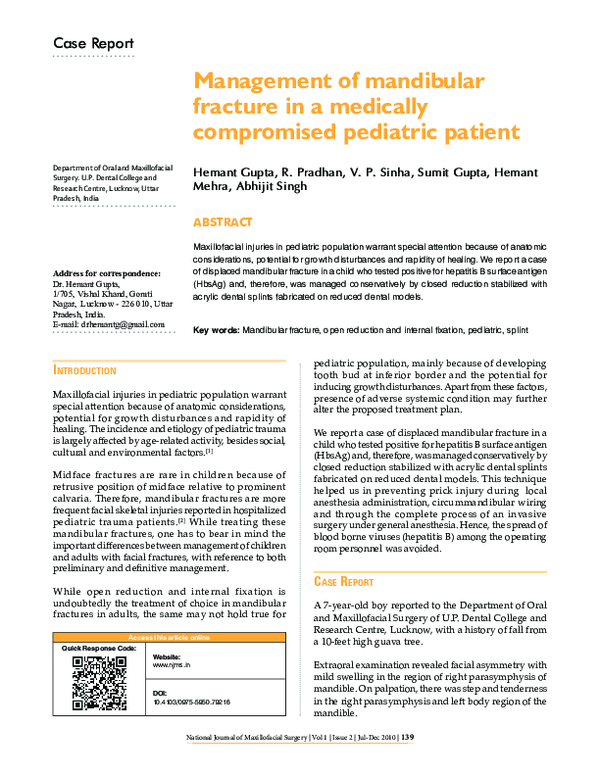 (PDF) Management of mandibular fracture in a medically compromised ...