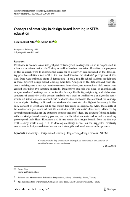 (PDF) Concepts of creativity in design based learning in STEM education