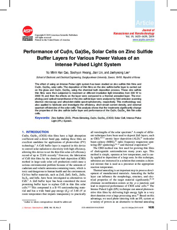 (PDF) Performance of Cu(In, Ga)Se2 Solar Cells on Zinc Sulfide Buffer ...