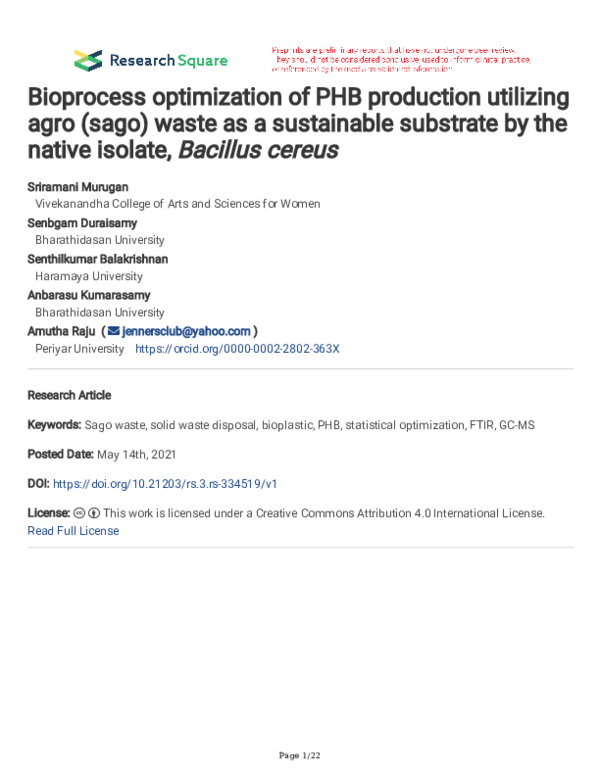 (PDF) Bioprocess optimization of PHB production utilizing agro (sago) waste as a sustainable ...