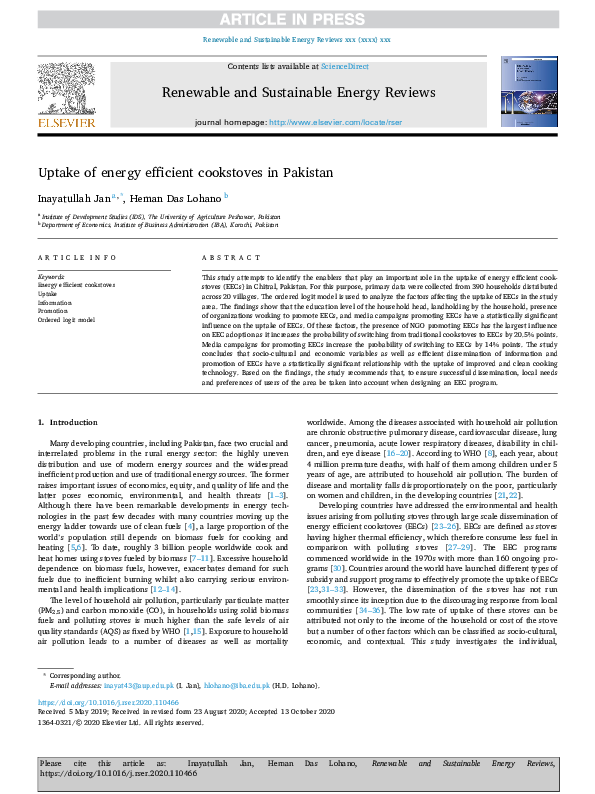 (PDF) Uptake of energy efficient cookstoves in Pakistan