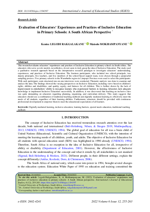 (PDF) Evaluation of Educators’ Experiences and Practices of Inclusive Education in Primary ...