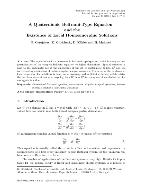 (PDF) A Quaternionic Beltrami-Type Equation and the Existence of Local Homeomorphic Solutions