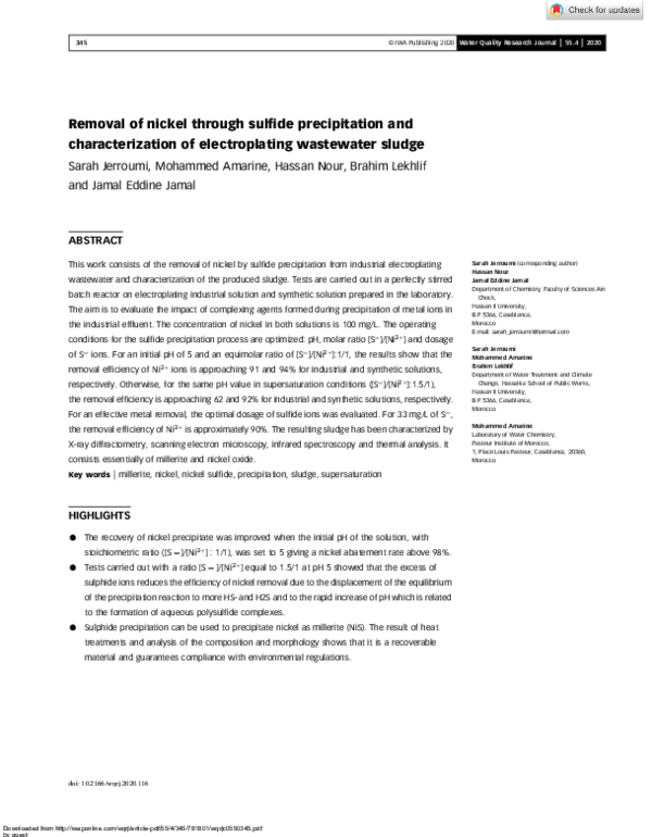 (PDF) Removal of nickel through sulfide precipitation and characterization of electroplating ...