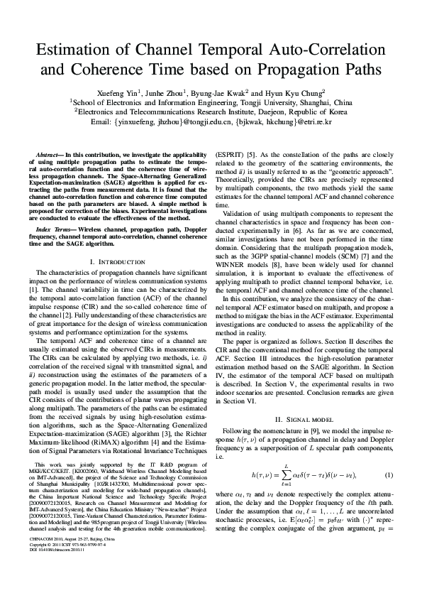 (PDF) Estimation of channel temporal auto-correlation and coherence time based on propagation paths