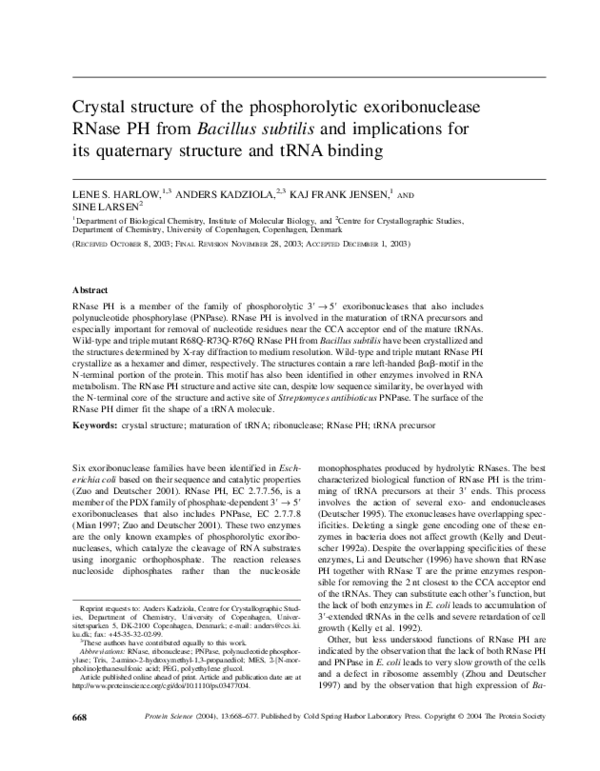 (PDF) Crystal structure of the phosphorolytic exoribonuclease RNase PH ...