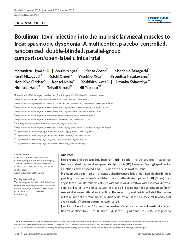 (PDF) Botulinum toxin injection into the intrinsic laryngeal muscles to ...