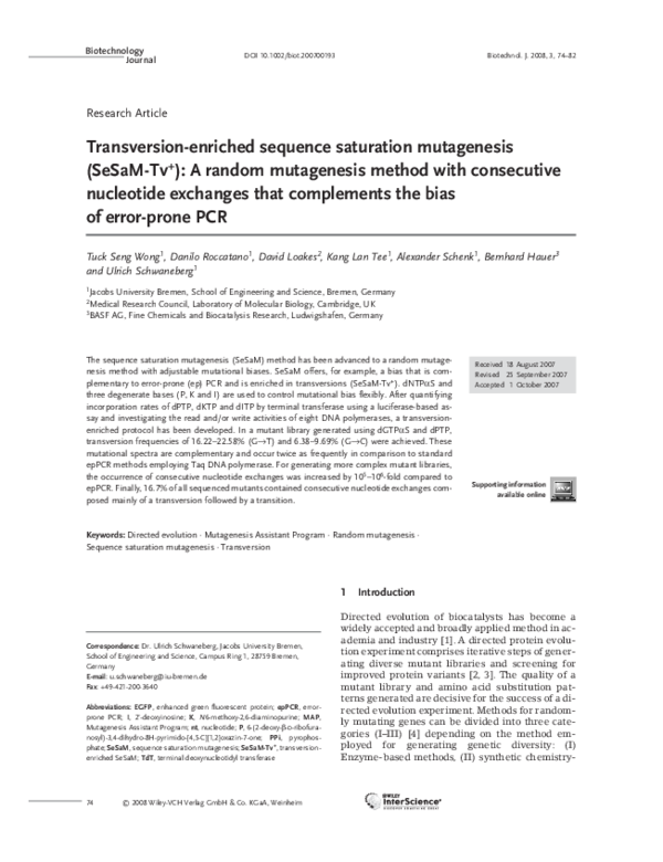 (PDF) Transversion-enriched sequence saturation mutagenesis (SeSaM-Tv+ ...