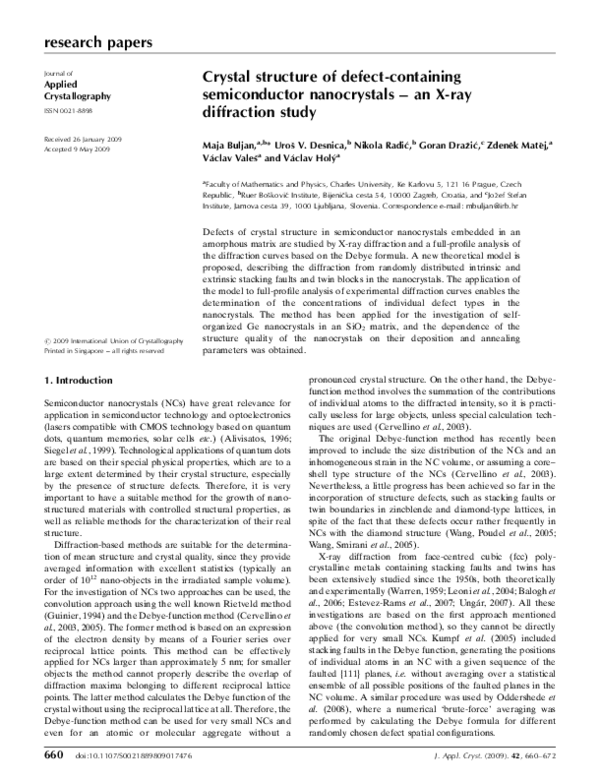 Pdf Crystal Structure Of Defect Containing Semiconductor Nanocrystals An X Ray Diffraction