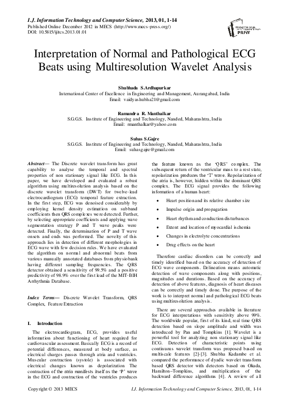(PDF) Interpretation of Normal and Pathological ECG Beats using Multiresolution Wavelet Analysis
