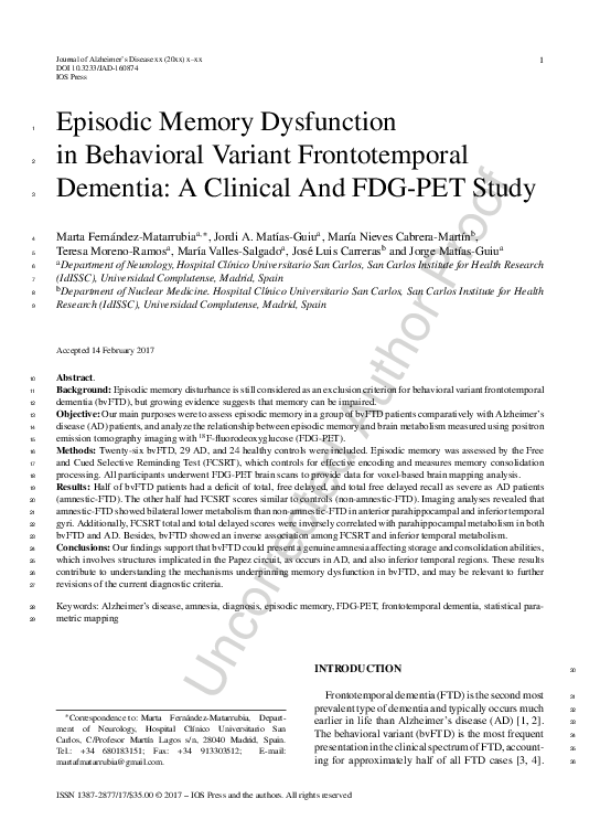 (PDF) Episodic Memory Dysfunction in Behavioral Variant Frontotemporal ...