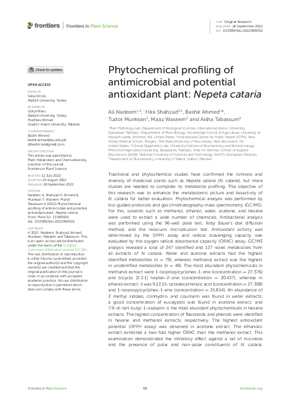 (PDF) Phytochemical profiling of antimicrobial and potential antioxidant plant: Nepeta cataria