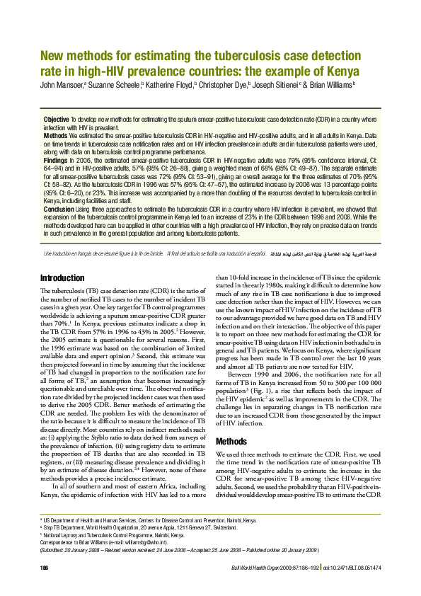 (PDF) New methods for estimating the tuberculosis case detection rate in high-HIV prevalence ...