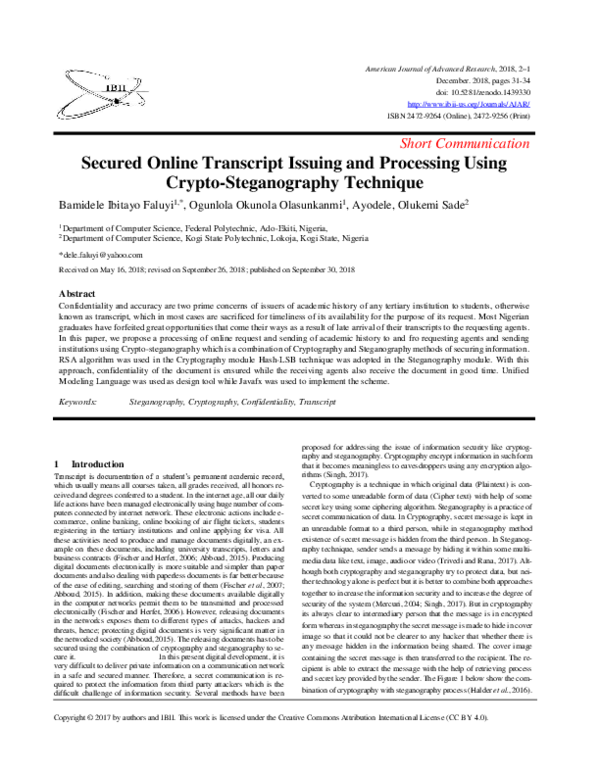 (PDF) Secured Online Transcript Issuing and Processing Using Crypto-Steganography Technique