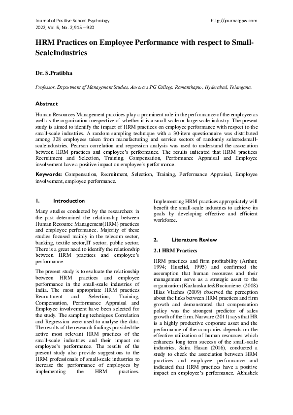 (PDF) HRM Practices on Employee Performance with respect to Small-ScaleIndustries