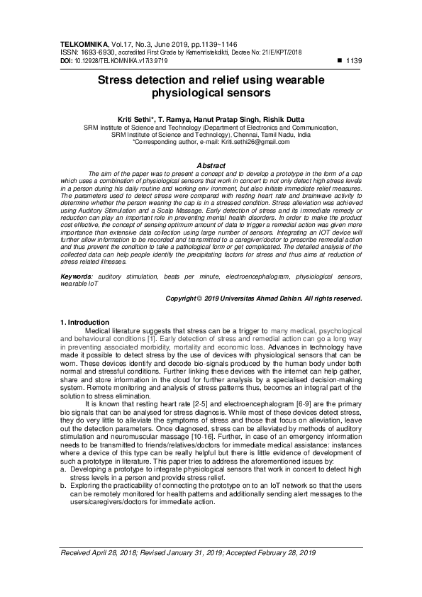 Pdf Stress Detection And Relief Using Wearable Physiological Sensors