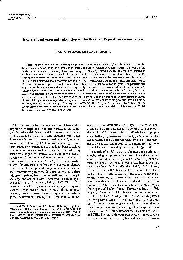 (PDF) Internal and external validation of the Bortner Type A behaviour ...