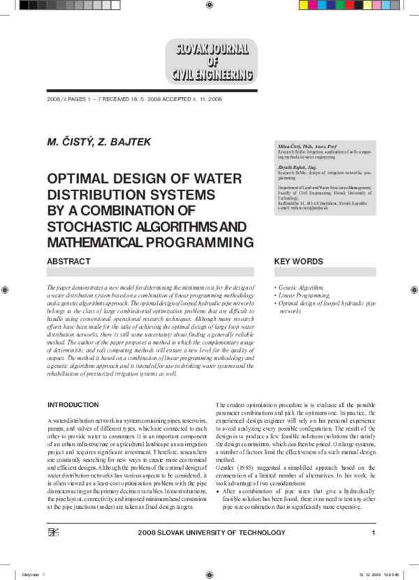 Pdf 2 Optimal Design Of Water Distribution Systems By A Combination