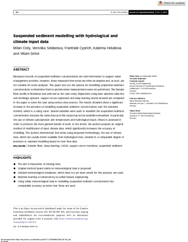 Pdf Suspended Sediment Modelling With Hydrological And Climate Input Data Milan Cisty