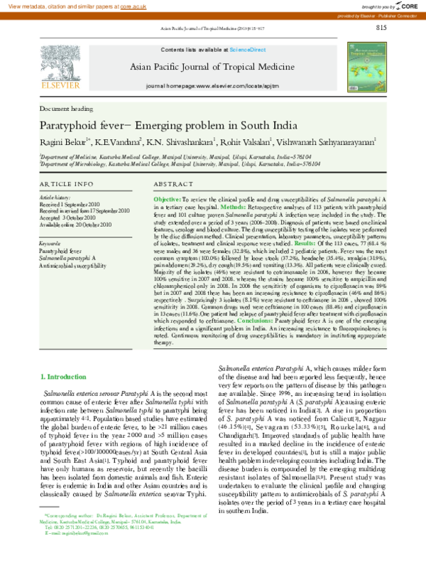 (PDF) Paratyphoid fever– Emerging problem in South India