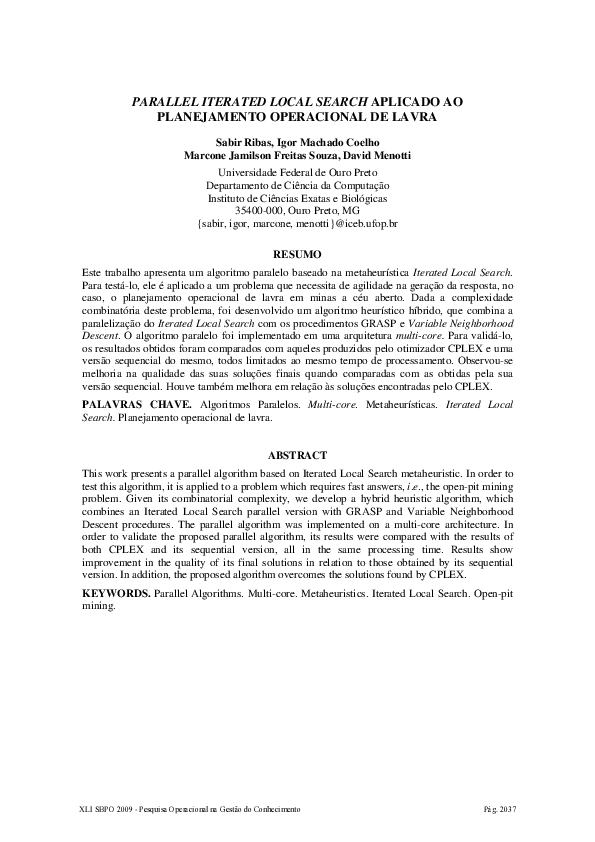 (PDF) Parallel Iterated Local Search Aplicado Ao Planejamento Operacional De Lavra