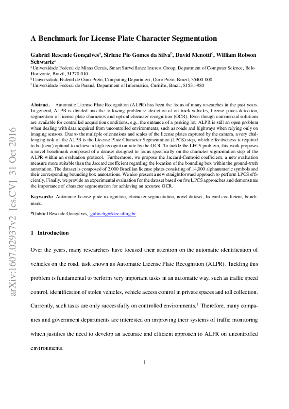 (PDF) Benchmark for license plate character segmentation