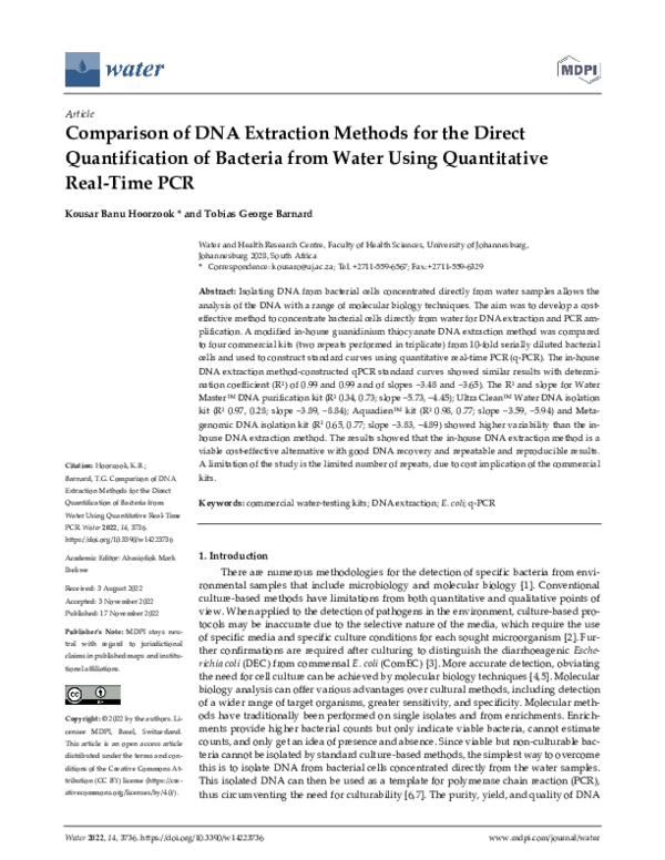 (PDF) Comparison of DNA Extraction Methods for the Direct Quantification of Bacteria from Water ...