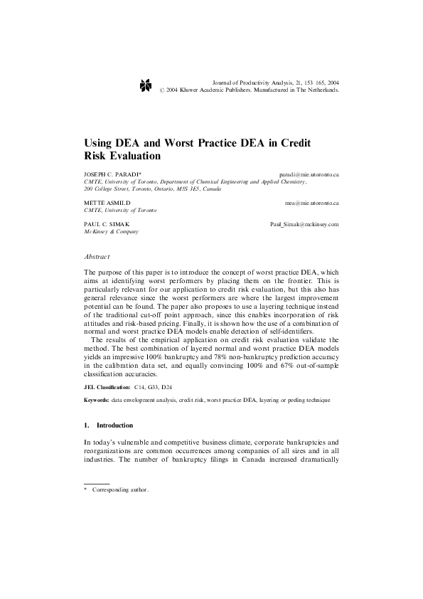 (PDF) Using DEA and Worst Practice DEA in Credit Risk Evaluation