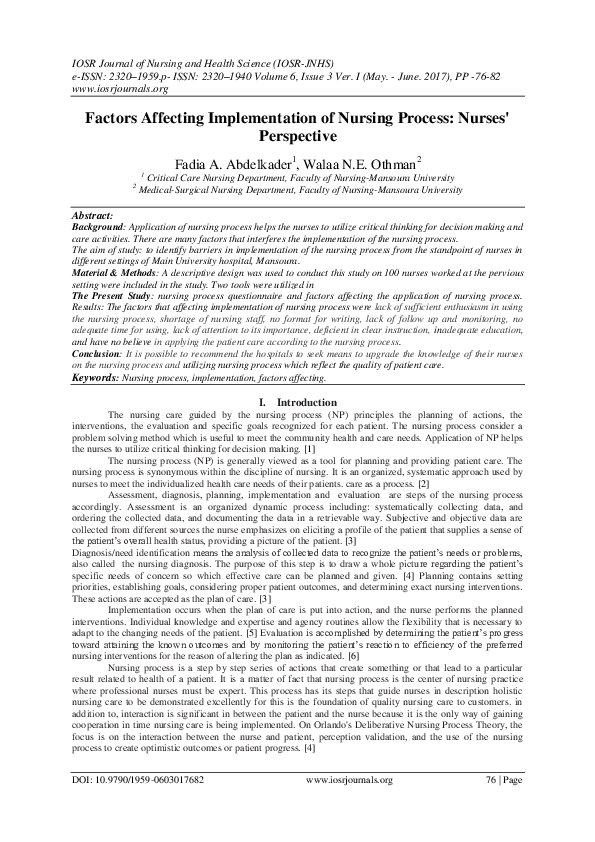 Pdf Factors Affecting Implementation Of Nursing Process Nurses Perspective
