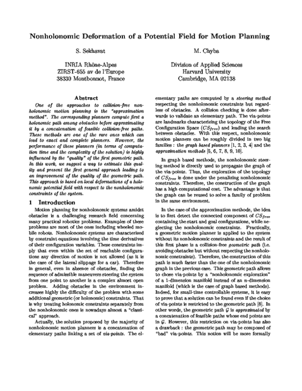 (PDF) Nonholonomic deformation of a potential field for motion planning
