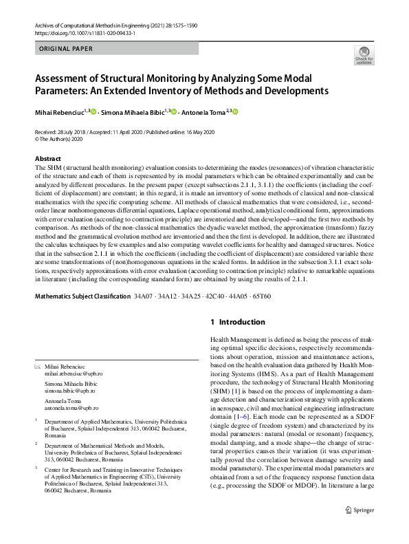 (PDF) Assessment of Structural Monitoring by Analyzing Some Modal Parameters: An Extended ...