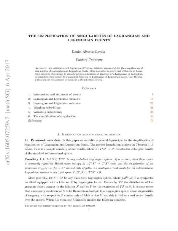 (PDF) The simplification of singularities of Lagrangian and Legendrian ...