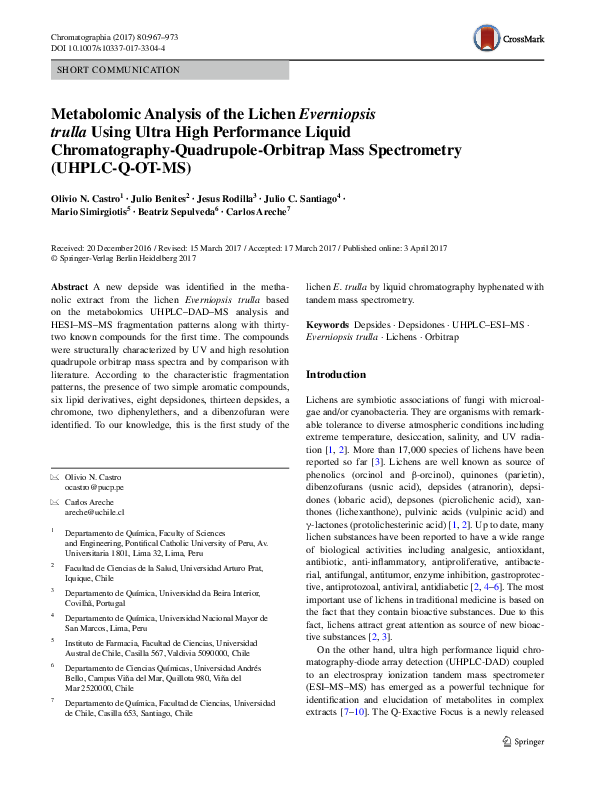 (PDF) Metabolomic Analysis of the Lichen Everniopsis trulla Using Ultra High Performance Liquid ...