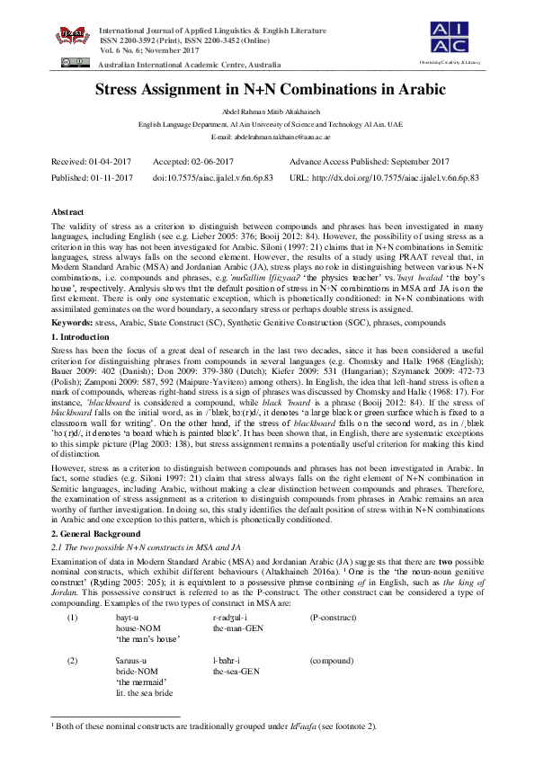 (PDF) Stress Assignment in N+N Combinations in Arabic