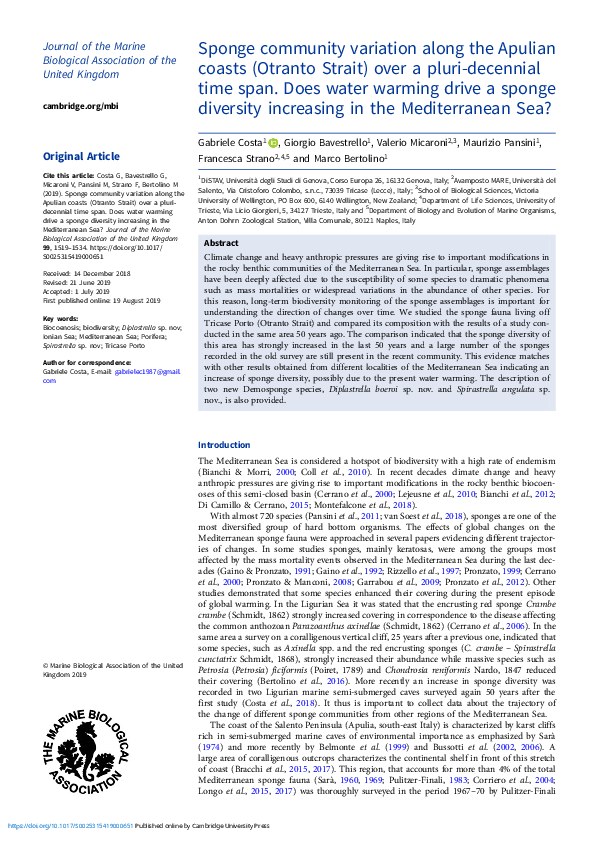 (PDF) Sponge community variation along the Apulian coasts (Otranto ...