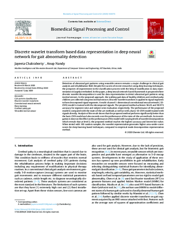 Pdf Discrete Wavelet Transform Based Data Representation In Deep Neural Network For Gait