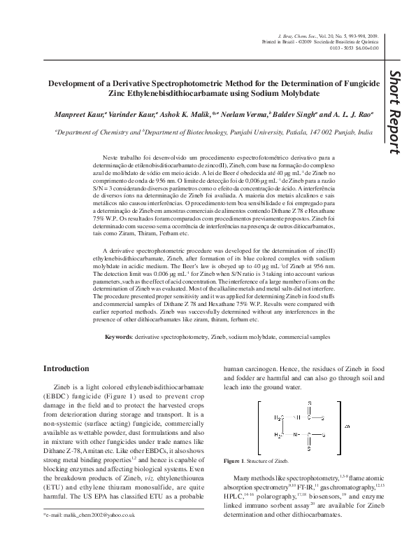 Pdf Development Of A Derivative Spectrophotometric Method For The Determination Of Fungicide
