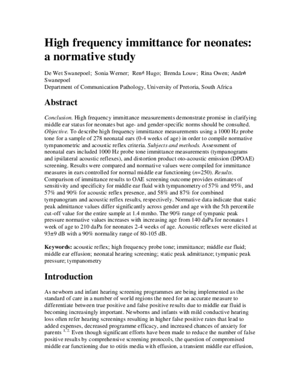 (PDF) High frequency immittance for neonates: a normative study