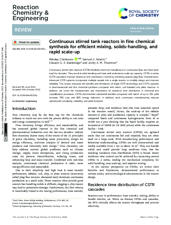 (PDF) Continuous stirred tank reactors in fine chemical synthesis for ...
