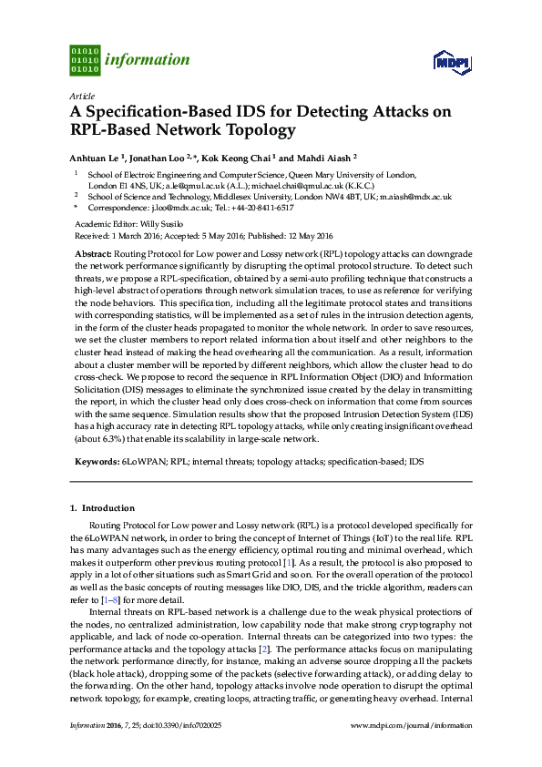 Pdf A Specification Based Ids For Detecting Attacks On Rpl Based Network Topology Jonathan 